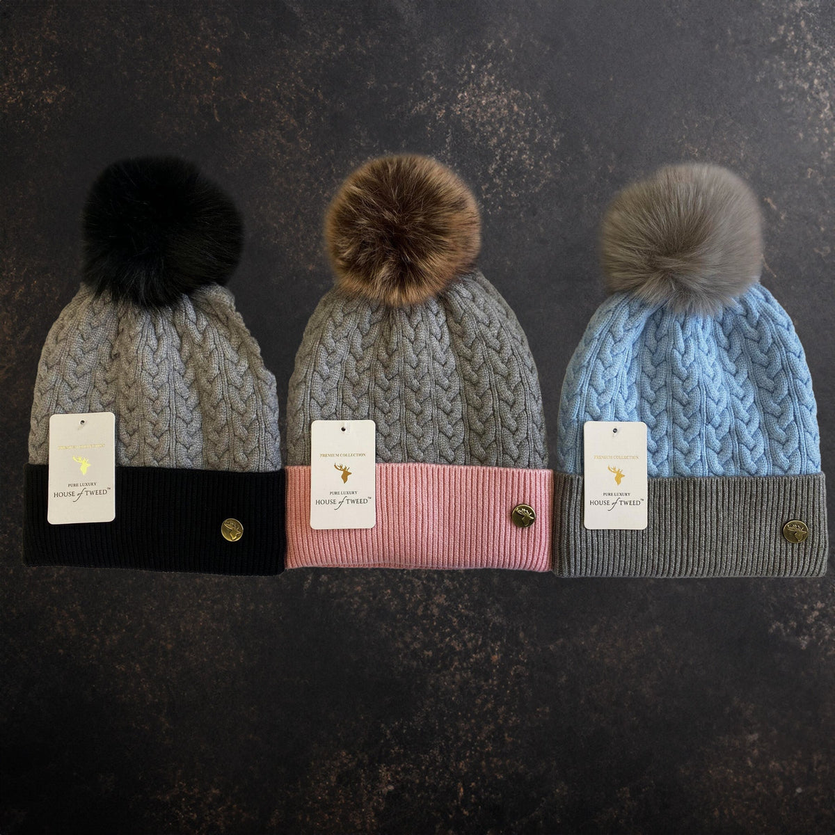 House of Tweed Luxury Plaited Ladies Bobble Pom Pom Beanie Hats ...
